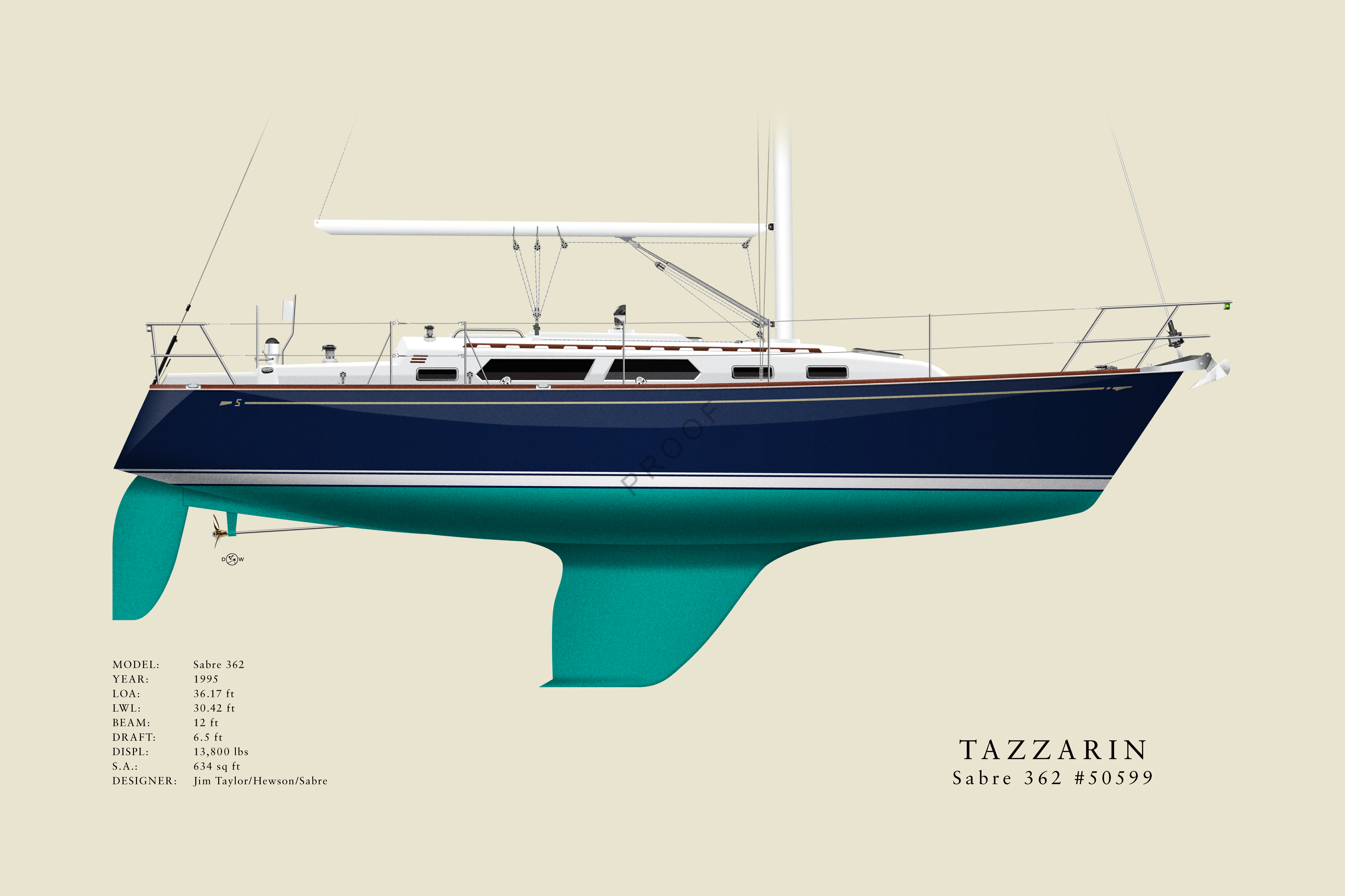 Tazzarin - Sabre 362 - Custom Half Hull Print With Deck Details – Dogwatch Art Co.