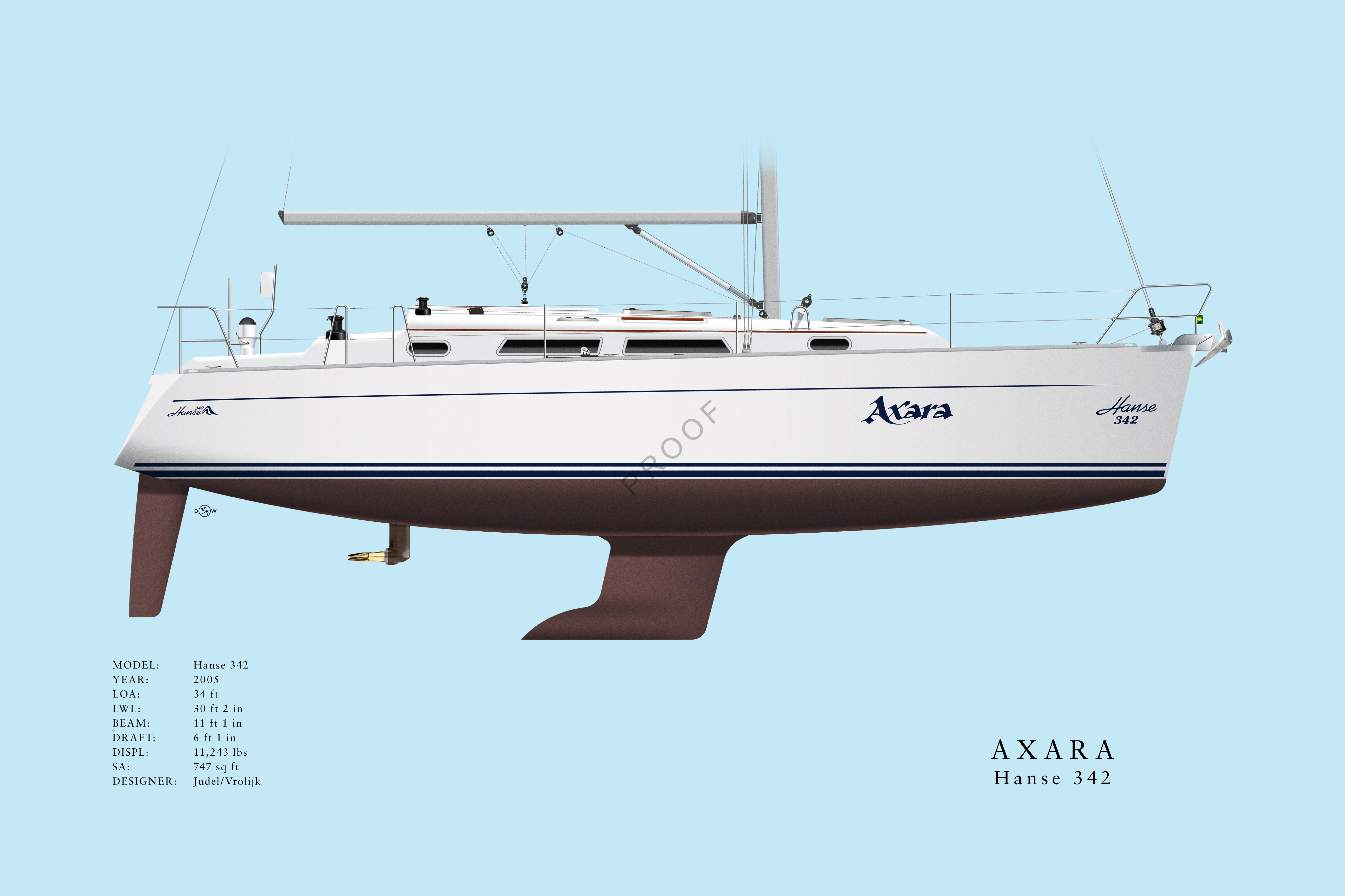 Axara - Hanse 342 - Custom Half Hull Print With Deck Details – Dogwatch ...